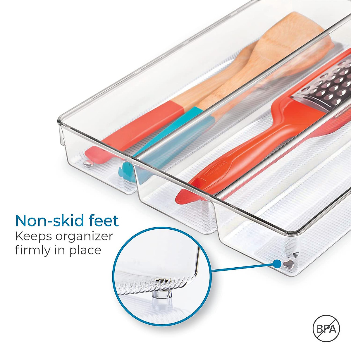 iDesign Linus Plastic Kitchen Drawer Utensil Organizer, Divided Storage Container for Silverware, Spatulas, Gadgets, 3.8" x 10.5" x 2" - Clear