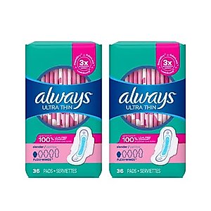 Always Ultra Thin Pads Slender Unscented with Wings, 36 Count x 2 Packs (72 Count total)