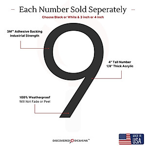 Discovered Designs – Premium Individual 3D Acrylic Mailbox Number – Self Stick – Long Lasting – Weatherproof – Made in USA (Black 4 inch, Number 9)