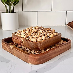 Penko Acacia Pistachio Snack Bowl Double Dish Holder Bowl Pedestal and Sunflower Seed Nut Bowl with Shell Storage