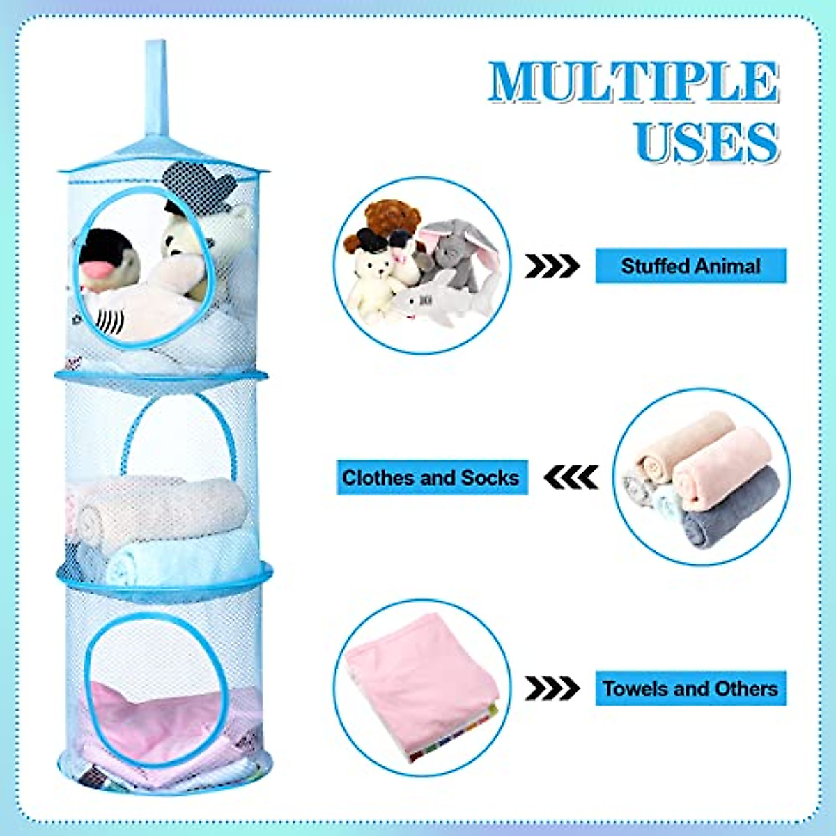 Fuyamp 2Pcs 75 * 26cm Stuffed Animal Storage Mesh Foldable Stuffed Animals Organizer Net or Hammock, 3 Compartments Hanging Mesh Toy Storage Basket for Kids Girls Boys Room Bathroom (Blue)