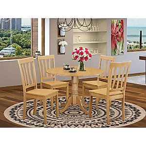 East West Furniture DLAN5-OAK-W 5 Piece Kitchen Table Set for 4 Includes a Round Dining Room Table with Dropleaf and 4 Solid Wood Seat Chairs, 42x42 Inch, Oak