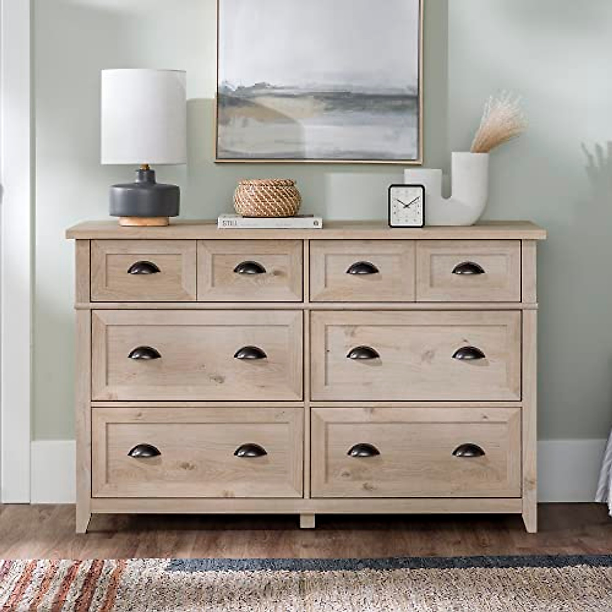 Walker Edison Modern Farmhouse 6-Drawer Framed Dresser with Half-Moon Handles, 52 Inch, White Oak