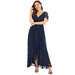Ever-Pretty Women's Lace V Neck Ruffles Sleeves Pleated Empire Waist A-Line Maxi Formal Dresses Navy Blue US14