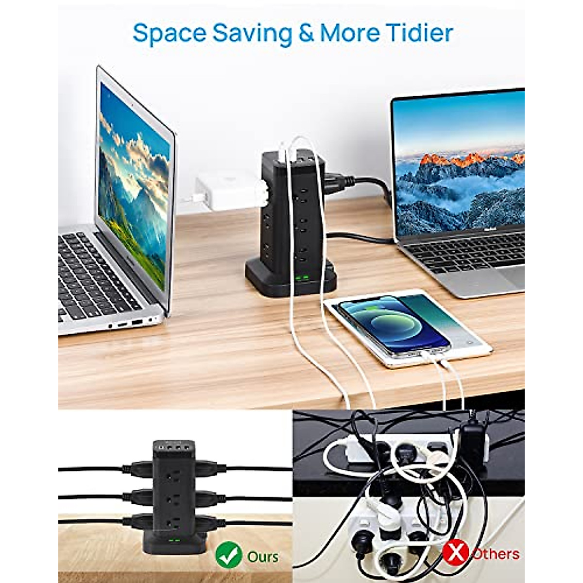 BEVA Power Strip Tower with USB Ports, 10 FT Surge Protector Power Tower, 12 AC and 4 USB Ports, 10 FT Extension Cord with Multiple Outlets, Household Essentials Office Supplies Office Organization