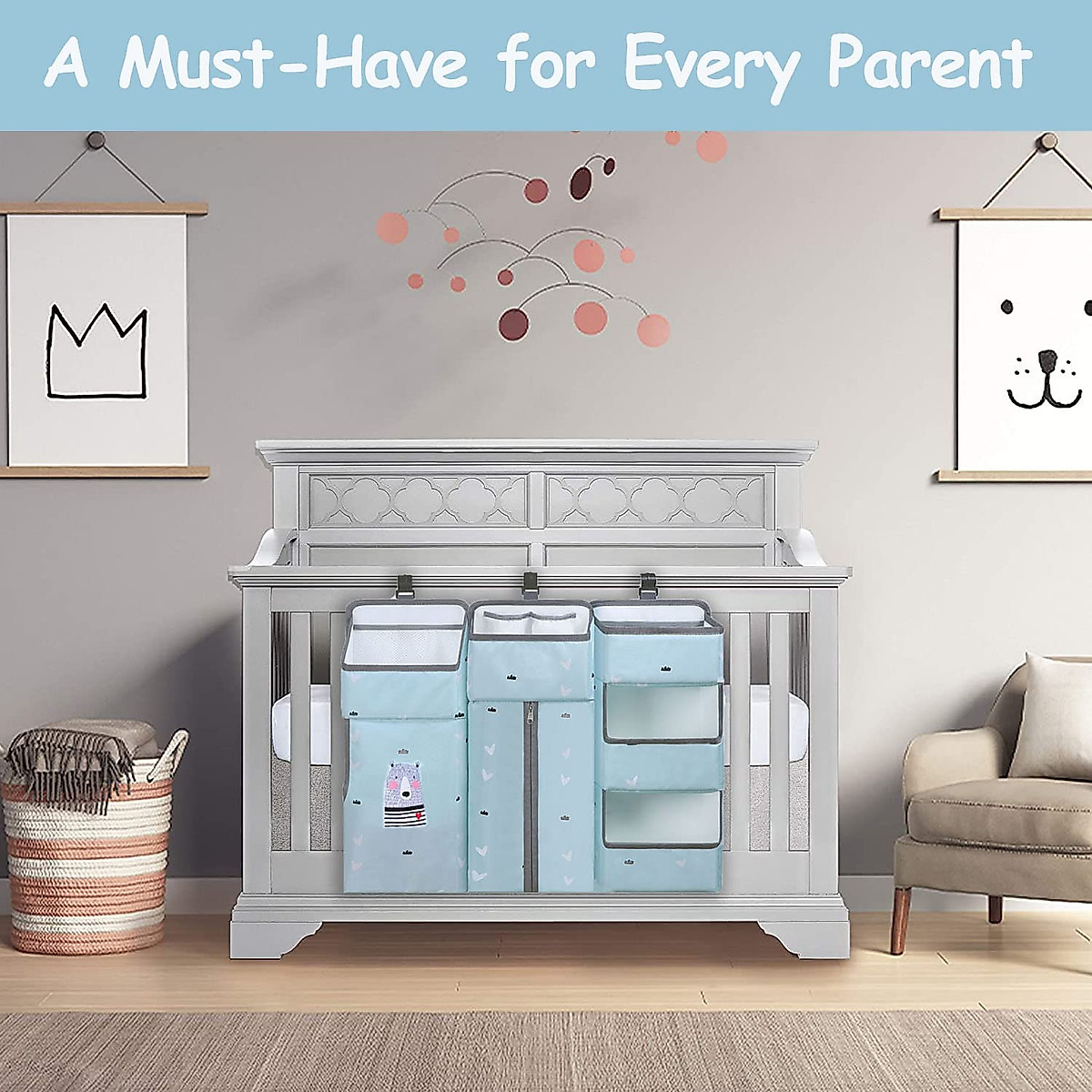 NGORAY Hanging Baby Diaper Caddy Organizers for Crib - 3-in-1 Diaper Stacker for Changing Table Nursery Organization Storage Holder for Baby Essentials Attachment Portable Combining Clothing (Blue)