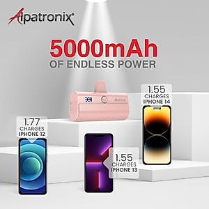 Alpatronix MFi Certified Mini Portable Charger for iPhone 5000mAh LCD Display Fast Charging Power Bank Compatible with iPhone 14 13 12 11 X 8 7 6 Series with Carrying Case - PX100 (Pink)
