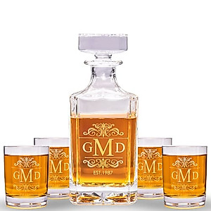 Personalized Whiskey Decanter Set With Glasses - Custom Whisky Drinking Glasses Set of 4 - Engraved Vintage Glassware - Whiskey Gifts for Men, Him, Dad, Birthday, Wedding, Groomsman, Anniversary