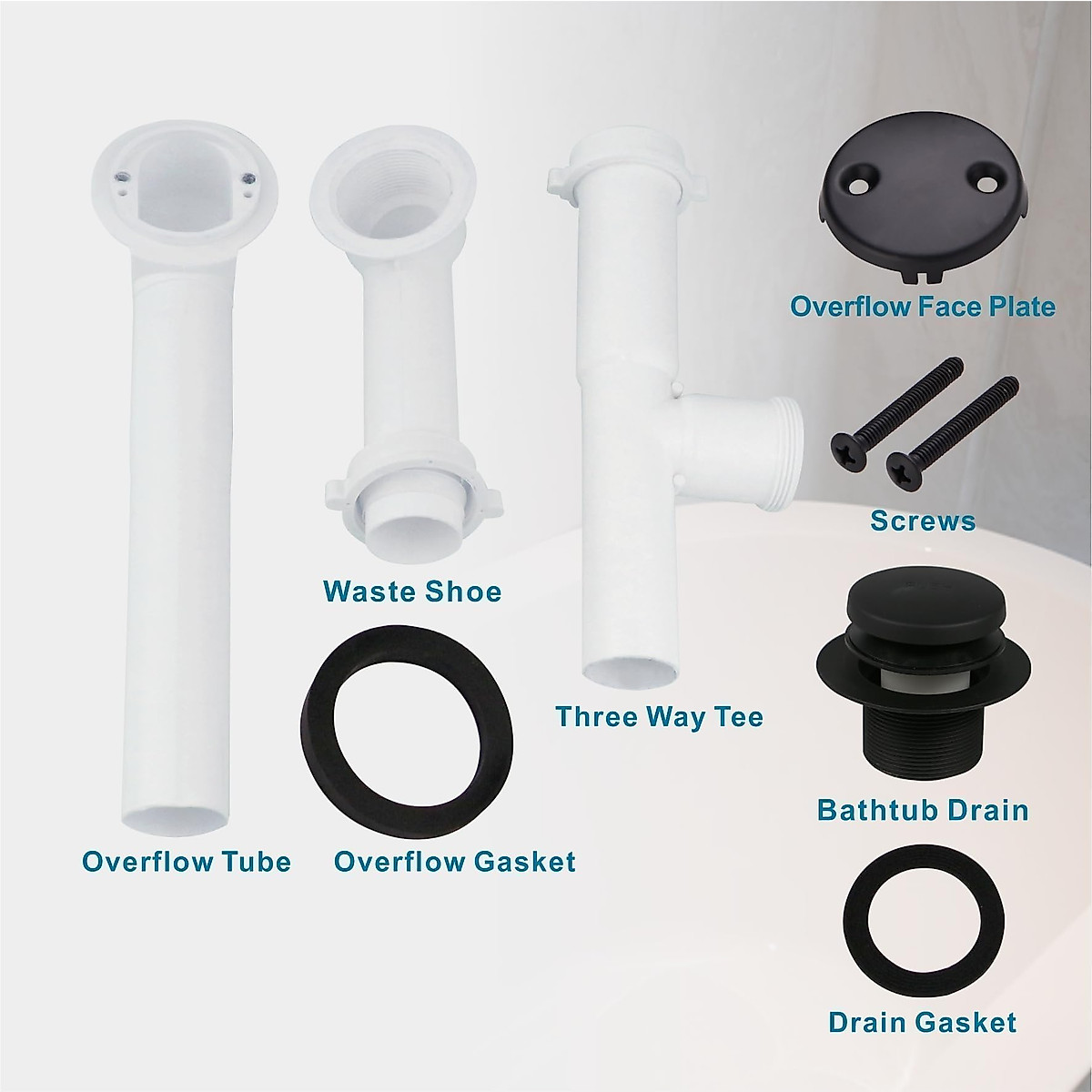 Black Tubular Tub Drain Kit with Welsan Tip-Toe Bathtub Drain Stopper, Touch-Toe Bath Plug Waste and Overflow Face Plate, 1-1/2" PVC Plastic Pipe (Matte Black)