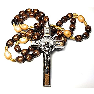 ESNOY OVERSIZED Made in Italy Rosary Blessed by Pope Francis Vatican Rome Holy Father Medal Cross Saint Benedict Patron Saint of Students Honor Veterans US Army solders Addiction Dependence (Brown)