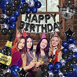 Navy Blue Black Happy Birthday Party Decorations for Men, Arch Kit for Him Her, Banner, Fringe Curtains, Beer Foil Balloons, Balloon Garland Kit, Crown for 20th 21st 22th 25th 30th 40th 50th 60th