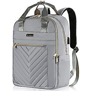 Liokesa Laptop Backpack for Women, School Backpack for Teen Girls, 15.6 Inch Quilted Womens Work Laptop Bag with USB Charging Port, Large Computer Bookbags for College Teacher, Grey
