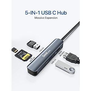 USB C Hub 4K 60Hz, USB C Adapter, Dockteck 5-in-1 USB-C Hub Multiport Adapter, SD/Micro SD Card Reader, 2 USB 3.0, for MacBook Air/Pro, iPad Air/Pro, XPS
