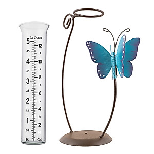 La Crosse 704-71077-INT 5 inch Capacity Glass Blue Butterfly Rain Gauge