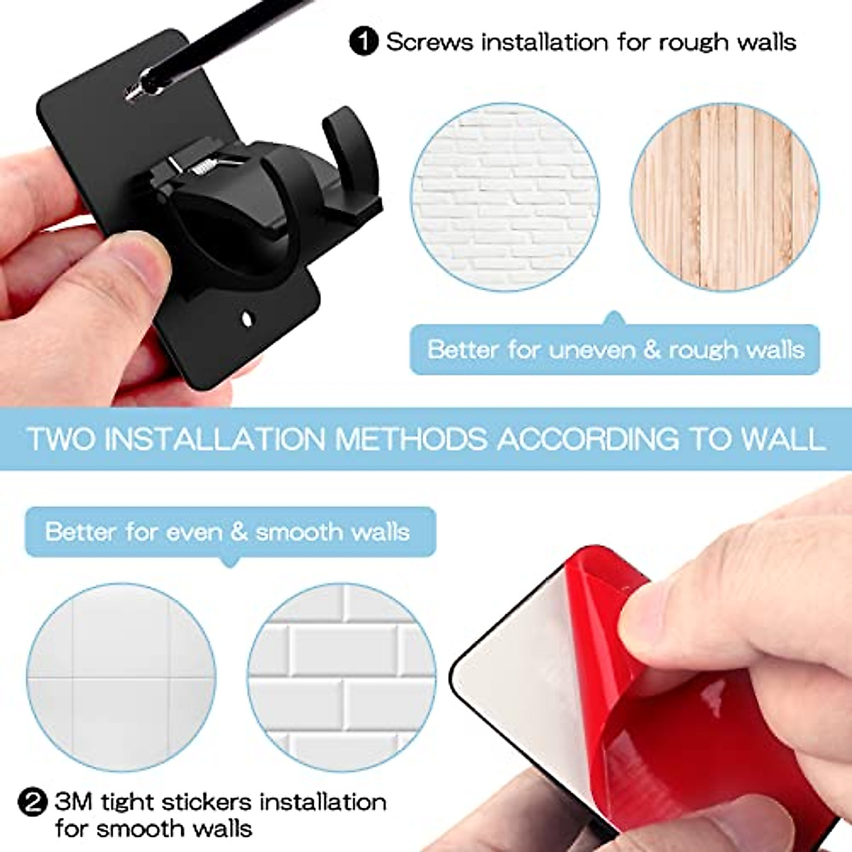 AMZONHOME 4 Pieces Self Adhesive Curtain Rod Bracket, Universal Plastic Holders, No Drill Brackets Hooks for Bathroom, Bedroom, Livingroom, Kitchen (Black)