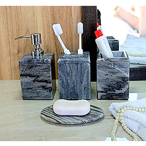KLEO - Bathroom Accessory Set Made from Natural Stone - Bath Accessories Set of 4 Includes Soap Dispenser, Toothbrush Holder, Tumbler and Soap Dish (Grey)