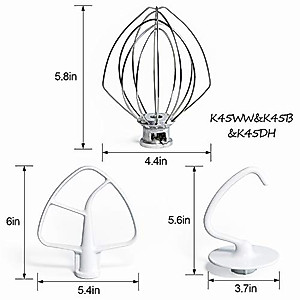 Funmit Mixers Accessories K45WW Wire Whip K45DH Dough Hook K45B Coated Flat Blade Paddle with Scraper Replacement for Kitchen Tilt-Head Stand Mixer Attachments- Stainless Steel