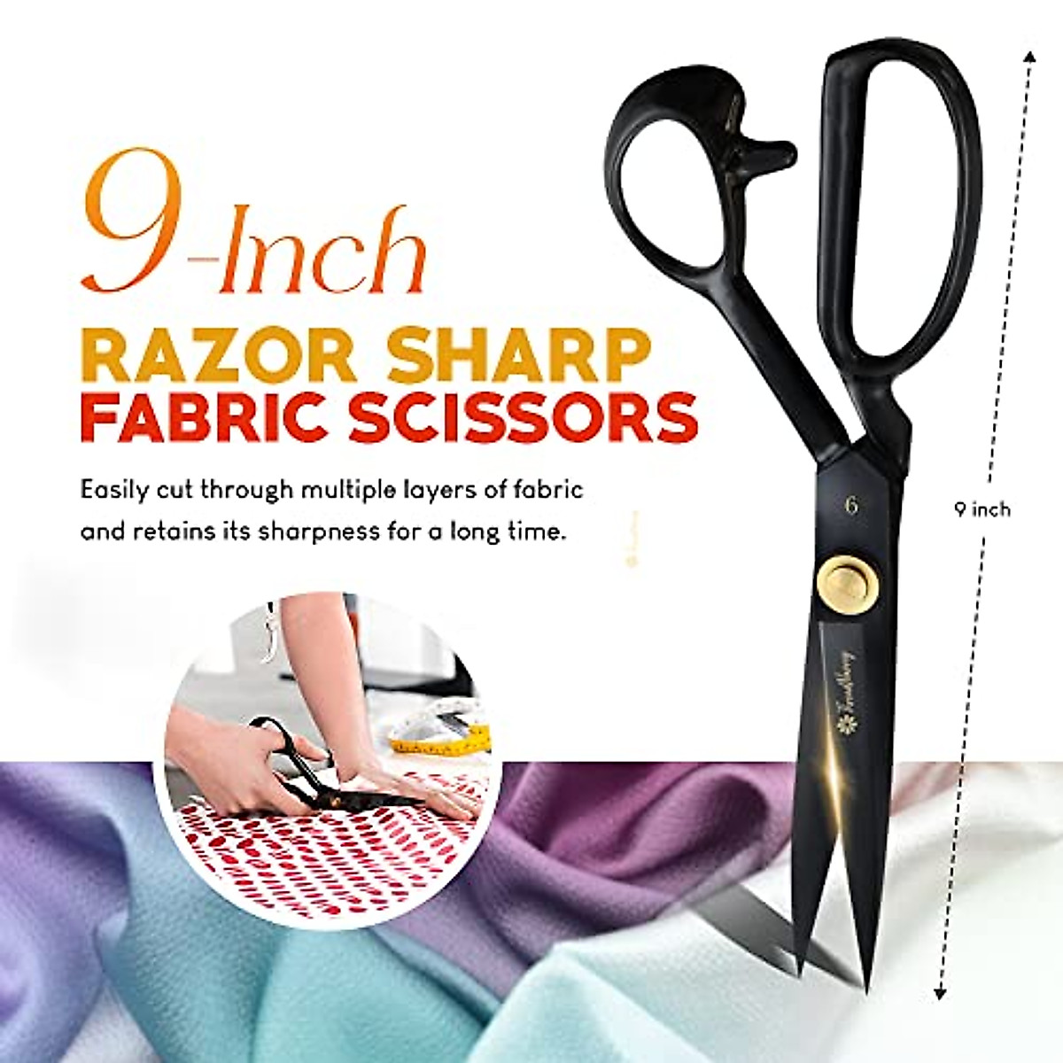 Fabric Scissors Professional (9-inch), Premium Scissors for Fabric Cutting with Bonus Measuring Tape - Made of High Density Carbon Steel Shears, Sewing Scissors for Fabric, Leather, Thin Metal, etc.