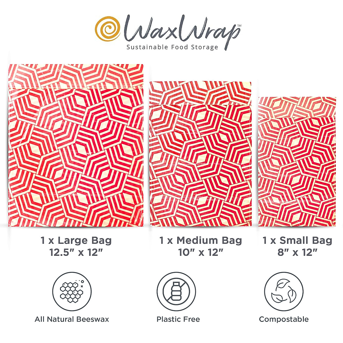 WaxWrap Beeswax Wraps For Food, Organic Cotton Food Bags - Sustainable Plastic Bag Alternative, Reusable Snack Bags, Bees Wax Wraps Reusable Food Storage - Assorted 3 Pack (S, M, L)
