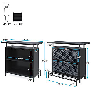 LITTLE TREE 47 Inches PU Leather Home Bar Table Unit Liquor Cabinet Glasses Holder and Metal Footrest,Wine Rack for Kitchen Living Room, 2-Tier, Black