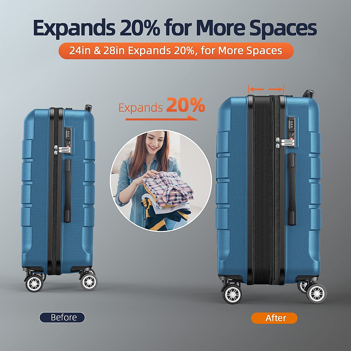 SHOWKOO Luggage Sets Expandable PC+ABS Durable Suitcase Sets Double Wheels TSA Lock 4 Piece Luggage Set Navy