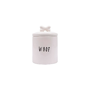 Creative Co-Op Farmhouse Ceramic Jar with "Woof" Message and Lid with Bone, White and Black