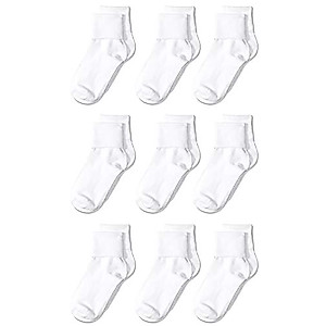 Amazon Essentials Girls' Comfortable Cotton Uniform Turn Cuff Sock, for Kids, 9 Pairs, White, Medium