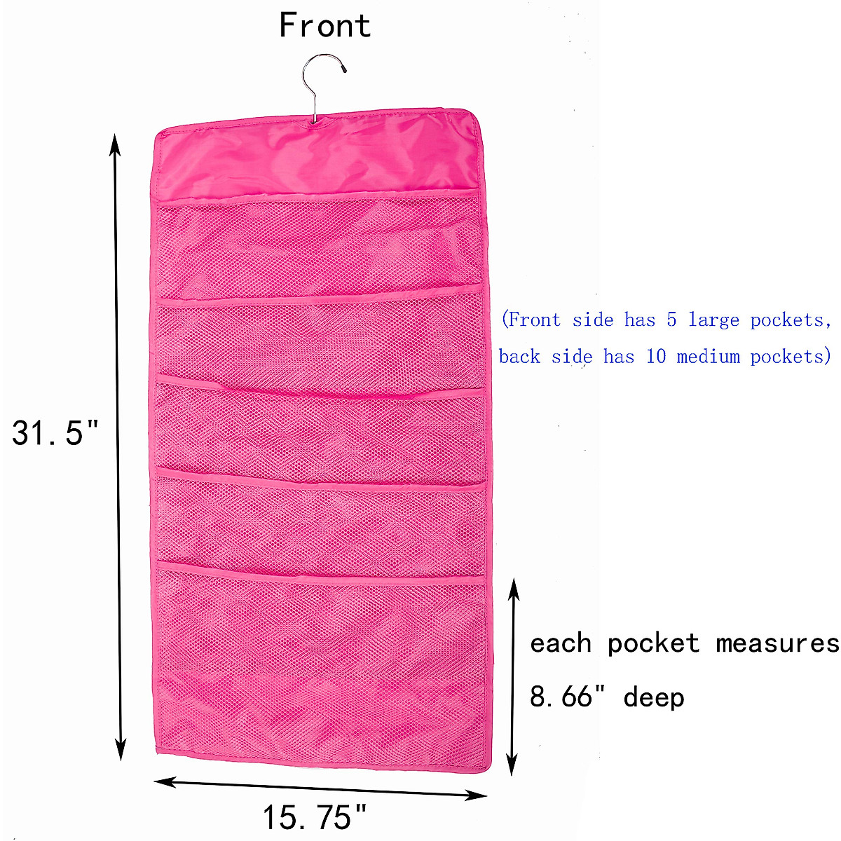 Amelitory Dual Side Clothing Hanging Shelves 15 Mesh Pockets Closet Storage Organizer with Metal Hanger Rosy