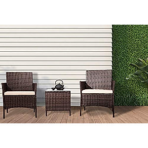 Tuoze Tozey 3 Pieces Patio Furniture PE Rattan Outdoor Conversation Set with Table Backyard Porch Garden Poolside Balcony (Brown)