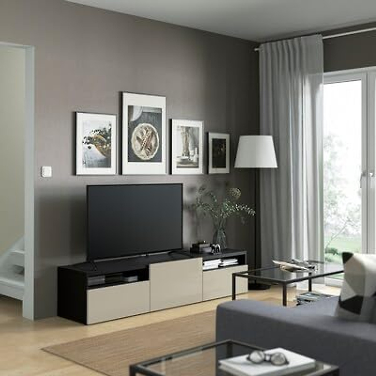 TV Unit with Drawers and Door,Black-Brown/Selsviken high-Gloss/Beige, 70 7/8x16 1/2x15 3/8 "