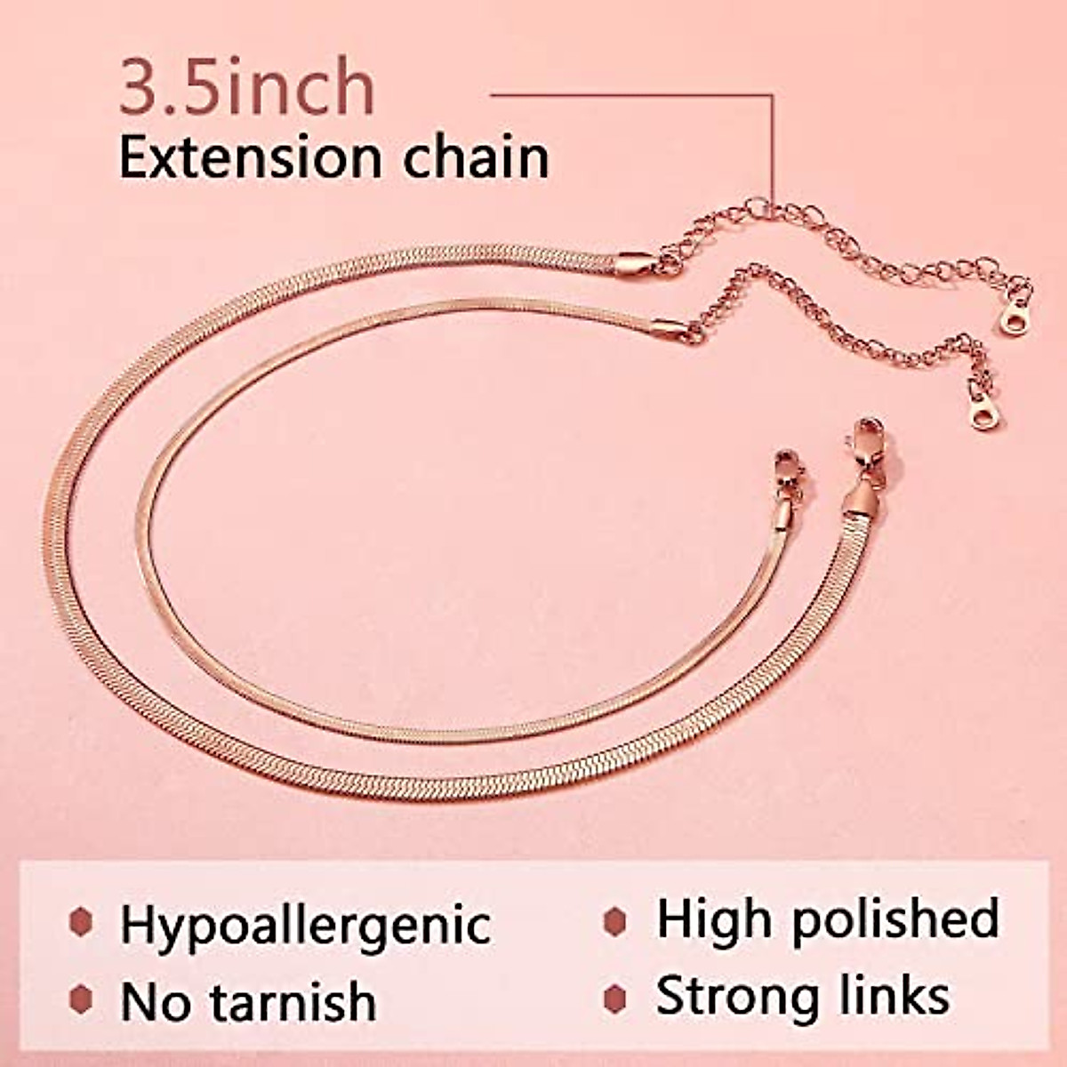 FindChic Rose Gold Layered Herringbone Necklace 12'' 15'' 2PCS Flat Snake Chain Set Dainty Choker Layering Stacked Minimalist Jewelry for Women
