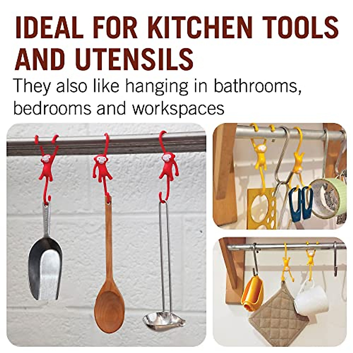 Monkey Business Just Hanging Kitchen Hooks for Hanging Kitchenware Tools, Pots, Lids, Plants & More - (Set of 3 Hooks) (Red)