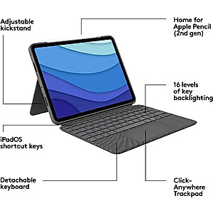 Logitech Combo Touch iPad Pro 11-inch (1st, 2nd, 3rd, 4th gen - 2018, 2020, 2021, 2022) Keyboard Case - Detachable Backlit Keyboard, Click-Anywhere Trackpad - Oxford Gray; USA Layout (Renewed)