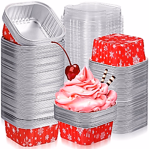 Suttmin 200 Pcs Christmas Baking Cups Foil Pans with Lids 5oz Mini Cake Containers Aluminum Cupcake Liners Square Dessert Cups Xmas Disposable Tin Muffin for Xmas Party(Snowflake)