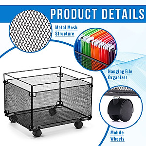 Harloon 2 Pack Mesh Metal File Crate Organizer Box with Mobile Swivel Wheels Black Rolling File Cart Storage Cart Foldable Storage Crate for Folders, Office Supplies, Black, 15" x 13" x 10"