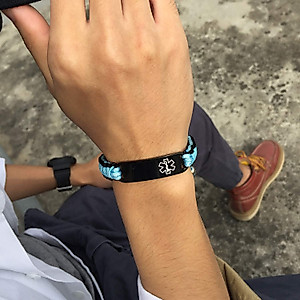 VNOX Customize Medical Alert 13MM Handmade Braided Rope Stainless Steel ID Paracord Adjustable Bracelet,Blue