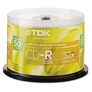 TDK CD-R80BCB50 / 47959 52X 700MB 80MIN CDR Blank Shiny Surface Cakebox - 50 Pack