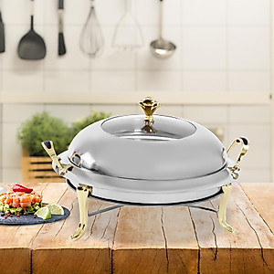 Round Chafing Dish for Buffet, 3.17Qt Stainless Steel Dining Stove without Ears, Food Warmer with Lid and Chafing Fuel Holder for Banquets Outdoor Party Dining-Without Water Pan, Gold