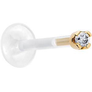 Body Candy 14k Yellow Gold 1.5mm CZ Bioplast Push in Labret Monroe 16 Gauge 3/8"
