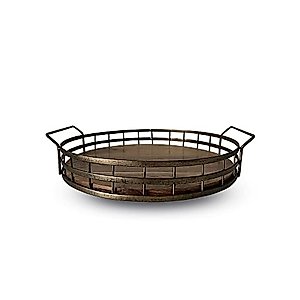 Farmhouse Round Wooden Tray with Antique Gold deep Metal Frame & Acacia Wood Base with Handles. This Round Tray is an Ideal Decorative Tray, Coffee Table, Drinks or Serving Tray by Cube Home