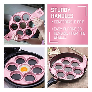 BIOPRONEXT Silicone Non Stick Pancake Maker - 7 Circles Mini Pancake Mold - Silicone Pancake Mold - Silicone Egg Rings for Griddle with Handles - Pancake Molds for Griddle Frying Eggs - Pink