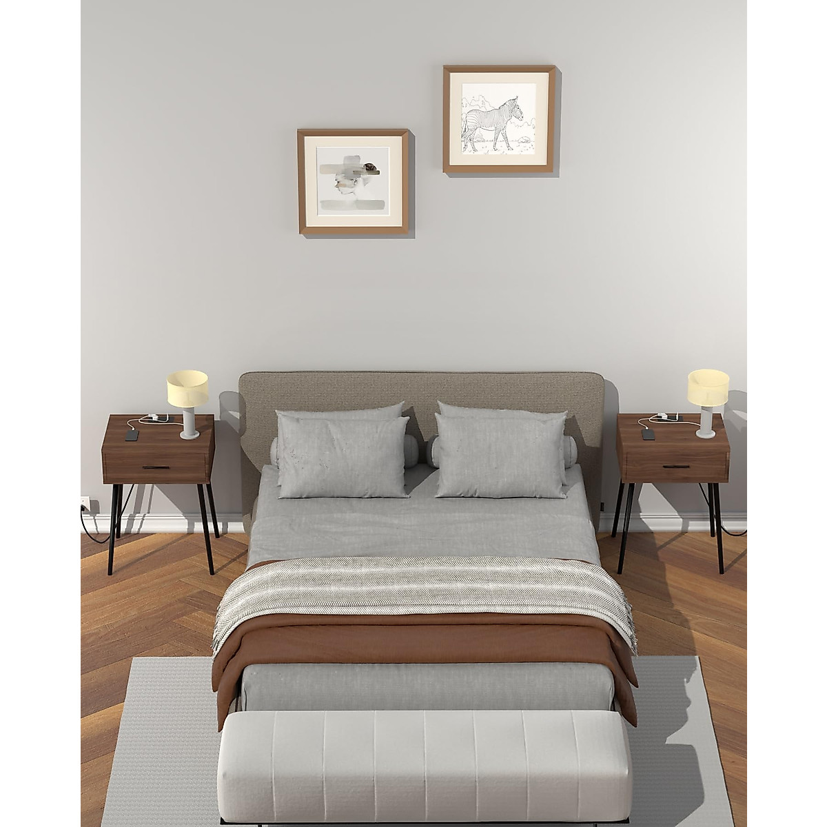 HAIOOU Set of 2 Mid Century Nightstand with Charging Station, End Table Modern Side Table One Drawer with Premium Matte Black Handle and Pine Wood Legs for Home Bedroom Living Room