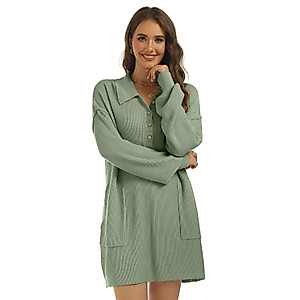 Nfsion Women's Casual Lapel Knit Sweater Button V-neck Long Sleeved Loose Fitting Dress Autumn Oversized Short Skirt Pullover Light green Small