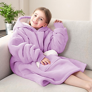 Touchat Wearable Blanket Hoodie, Oversized Sherpa Blanket Sweatshirt with Hood Pocket and Sleeves, Super Soft Warm Plush Hooded Blanket for Kids, One Size Fits All (Purple)