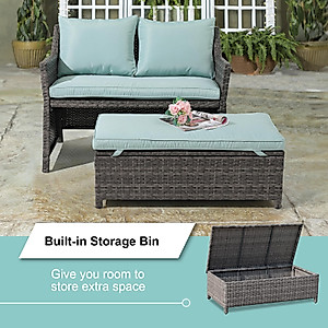 OC Orange-Casual 2-Piece Outdoor Patio Furniture Wicker Love-seat and Coffee Table Set, with Built-in Storage Bin, Grey Rattan, Green Cushions