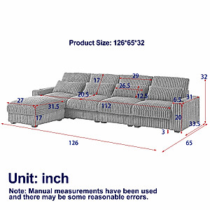 Convertible Sectional Couch Modular Sofa with Movable Ottoman,126" Upholstered Corduroy L Shaped Couch with USB Port&Cup Holder,Oversized Comfy Cloud Couch,Modern Sofa for Living Room(4 Seater,Grey)