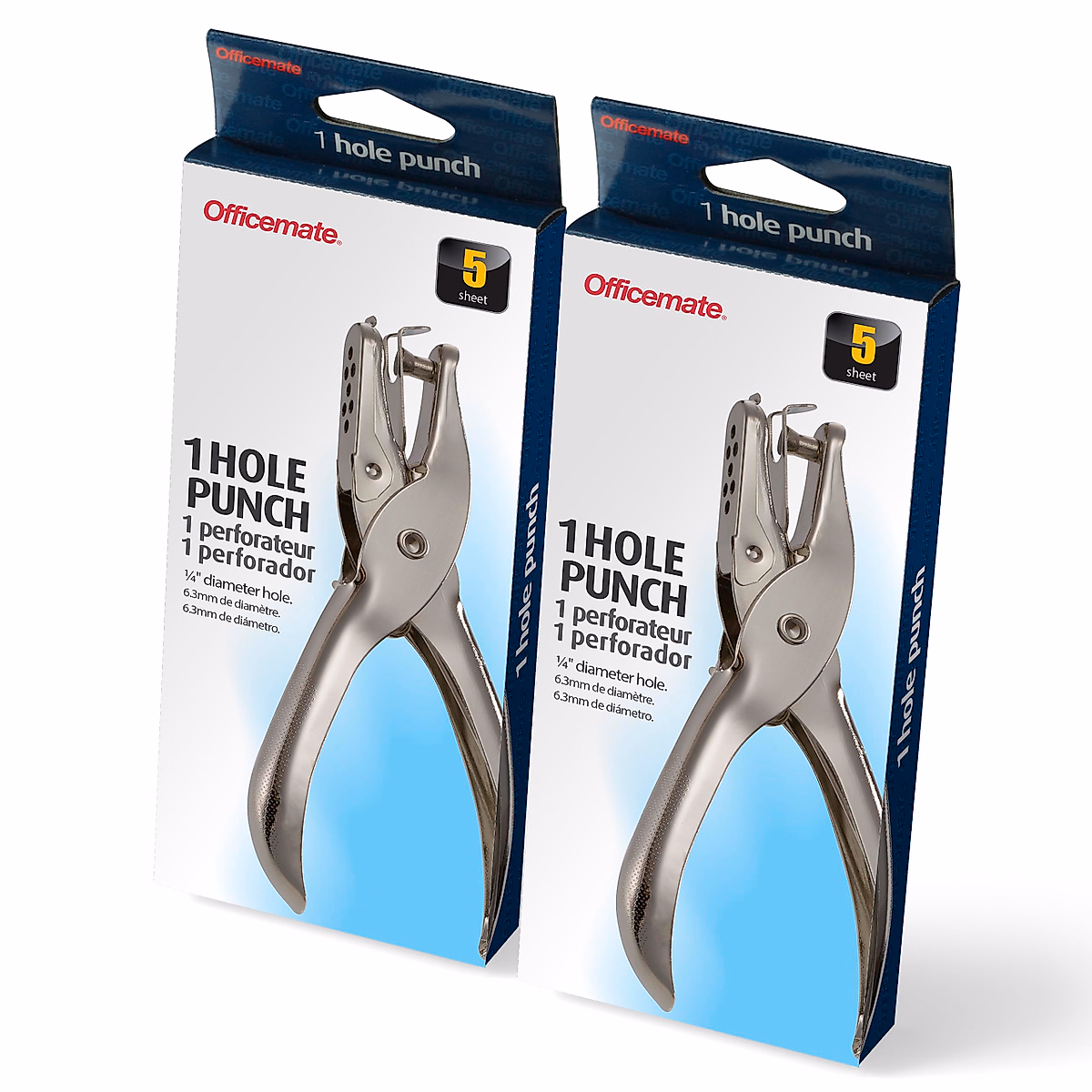 1 Hole Punch, 5 Sheet Capacity, Comes in 2 Pack, Silver (90073)
