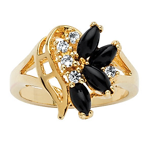 PalmBeach Yellow Gold-plated Marquise Shaped Natural Black Onyx and Round Crystal Swirl Ring Sizes 5-10 Size 10
