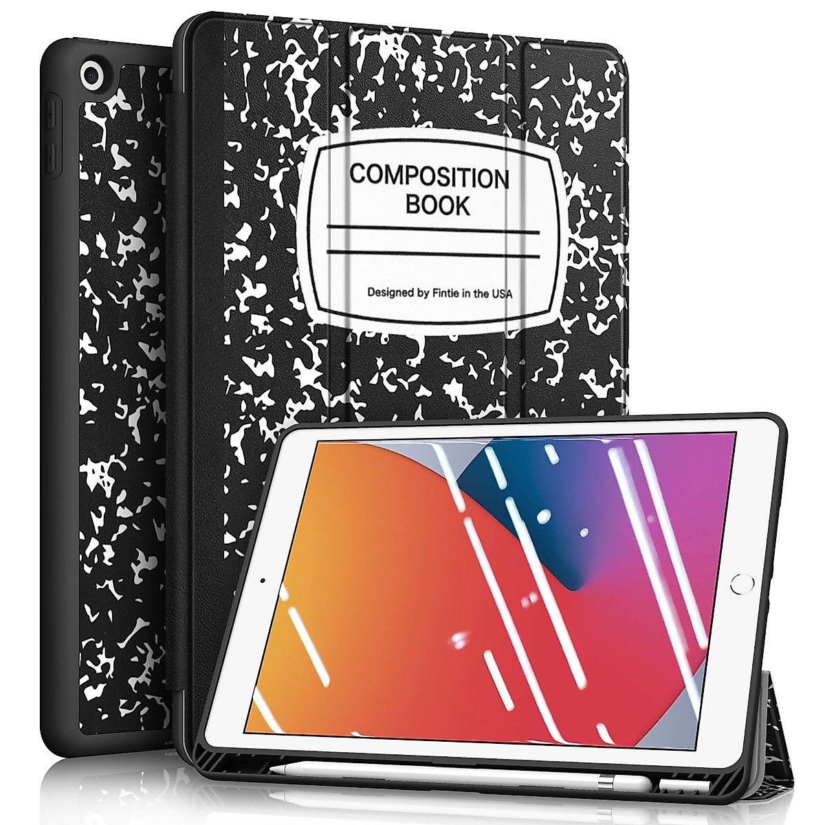 Fintie SlimShell Case for iPad 9th / 8th / 7th Generation (2021/2020/2019 Model) 10.2 Inch - [Built-in Pencil Holder] Soft TPU Protective Stand Back Cover, Auto Wake/Sleep, Composition Book Black