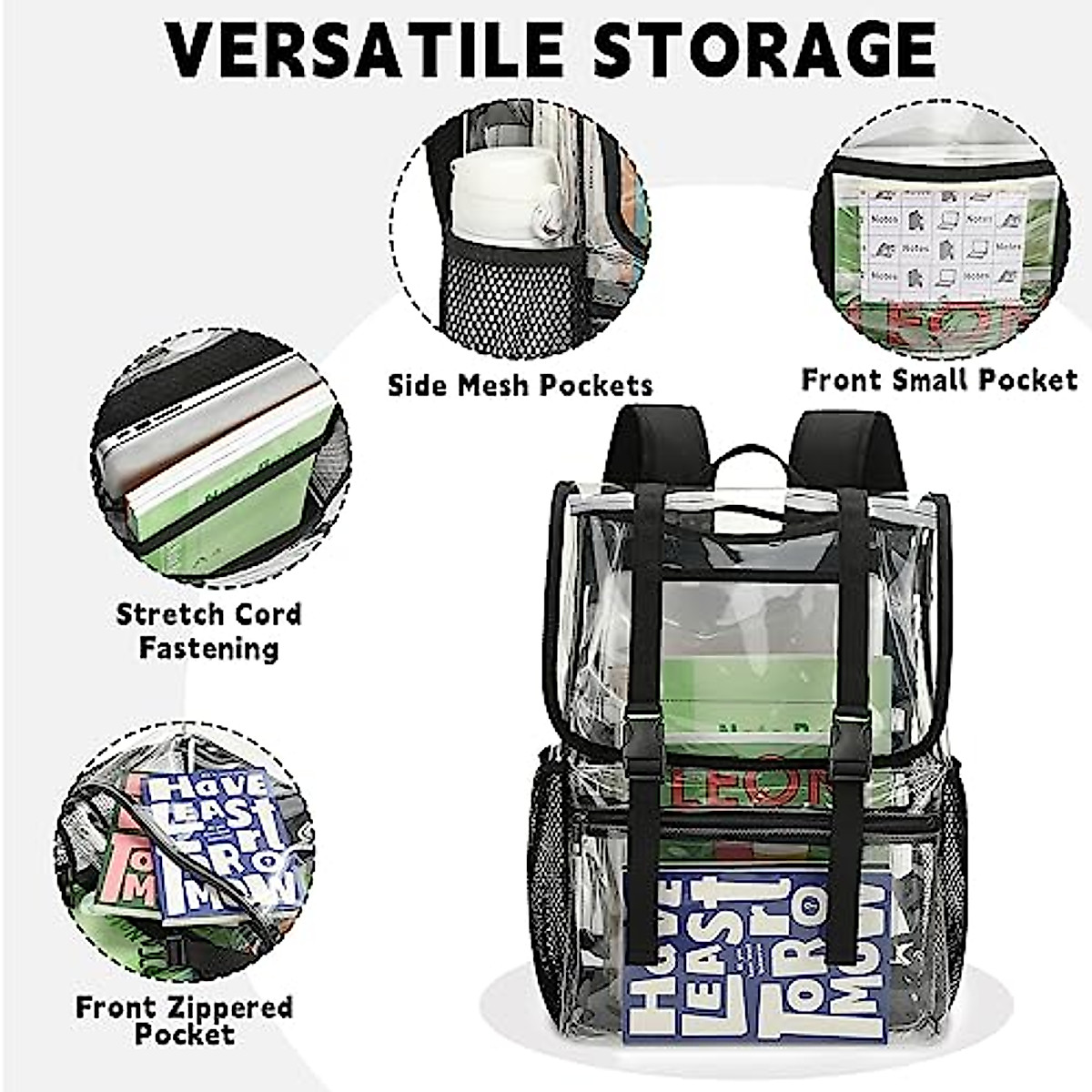 AUOBAG Clear Backpack Heavy Duty,Transparent Backpacks Stadium Approved,Free Personalized Stickers (Black-01)